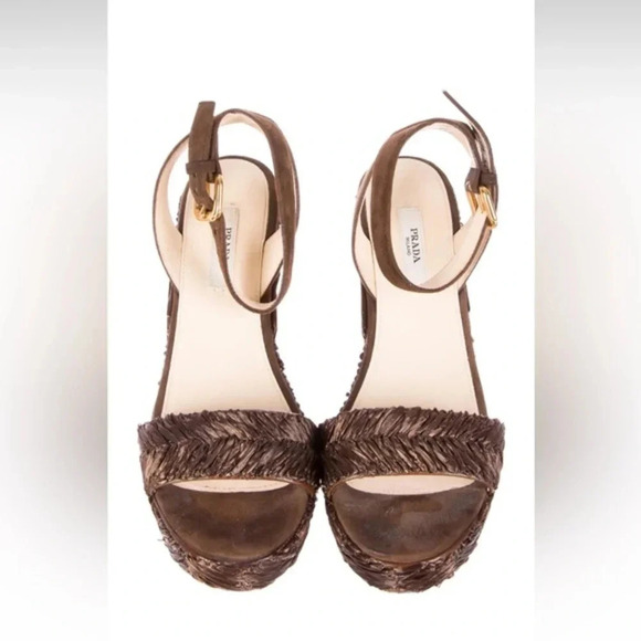 Prada | Shoes | Prada Raffia Wedge Sandals | Poshmark